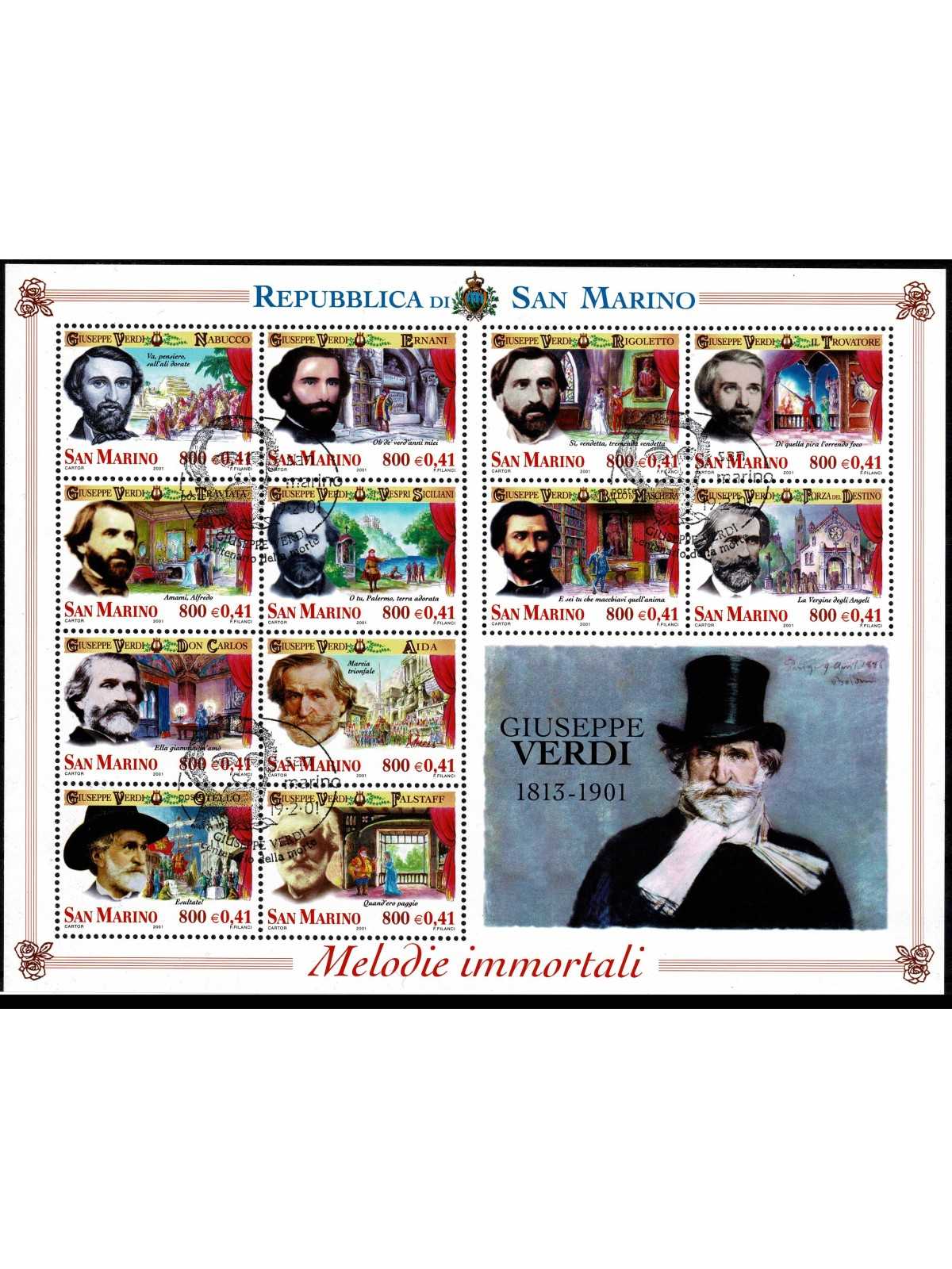 2001 SAN MARINO GIUSEPPE VERDI FOGLIETTO - 1 BF USATO FDC MF133894